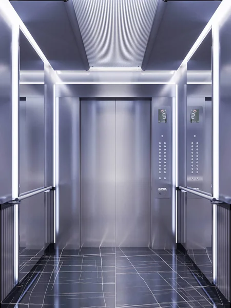 Futuristic design of an elevator cabin with mirrors with neon illumination and metal panels ...