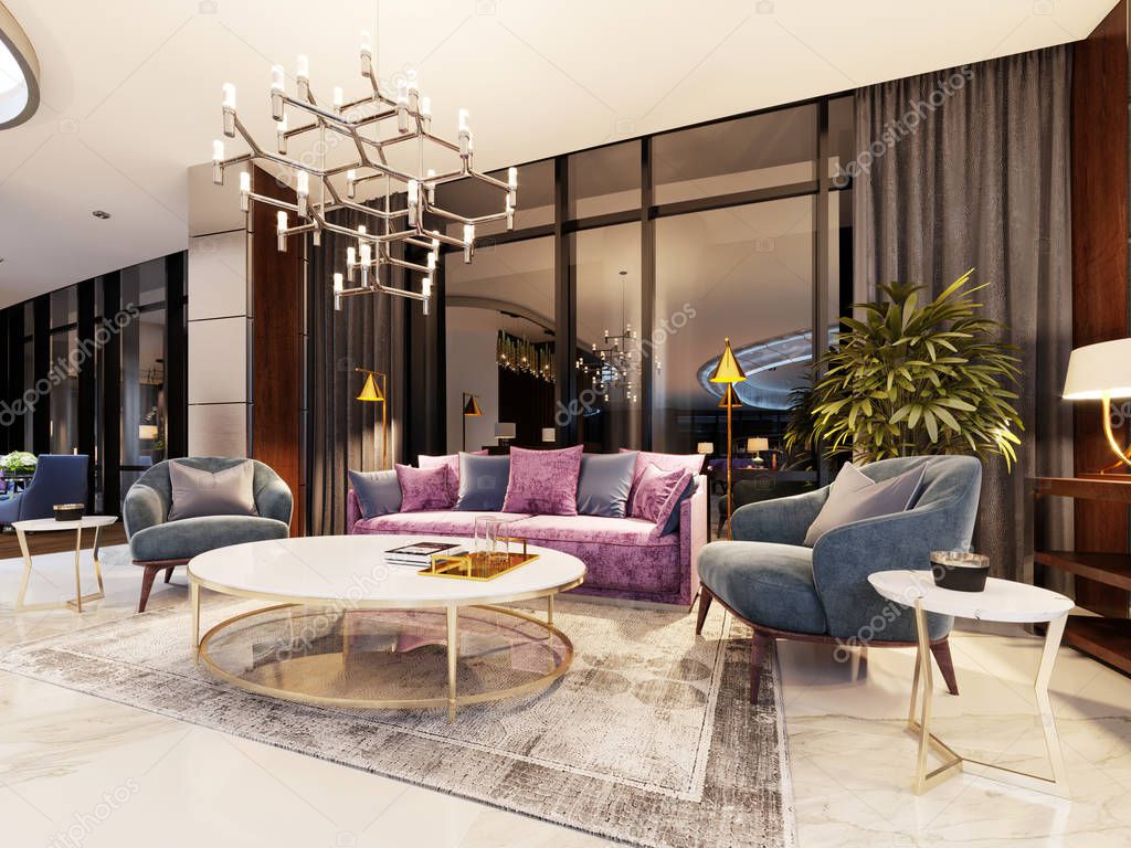 Lujoso vestíbulo en un hotel moderno con un cómodo sofá y sillones de ...