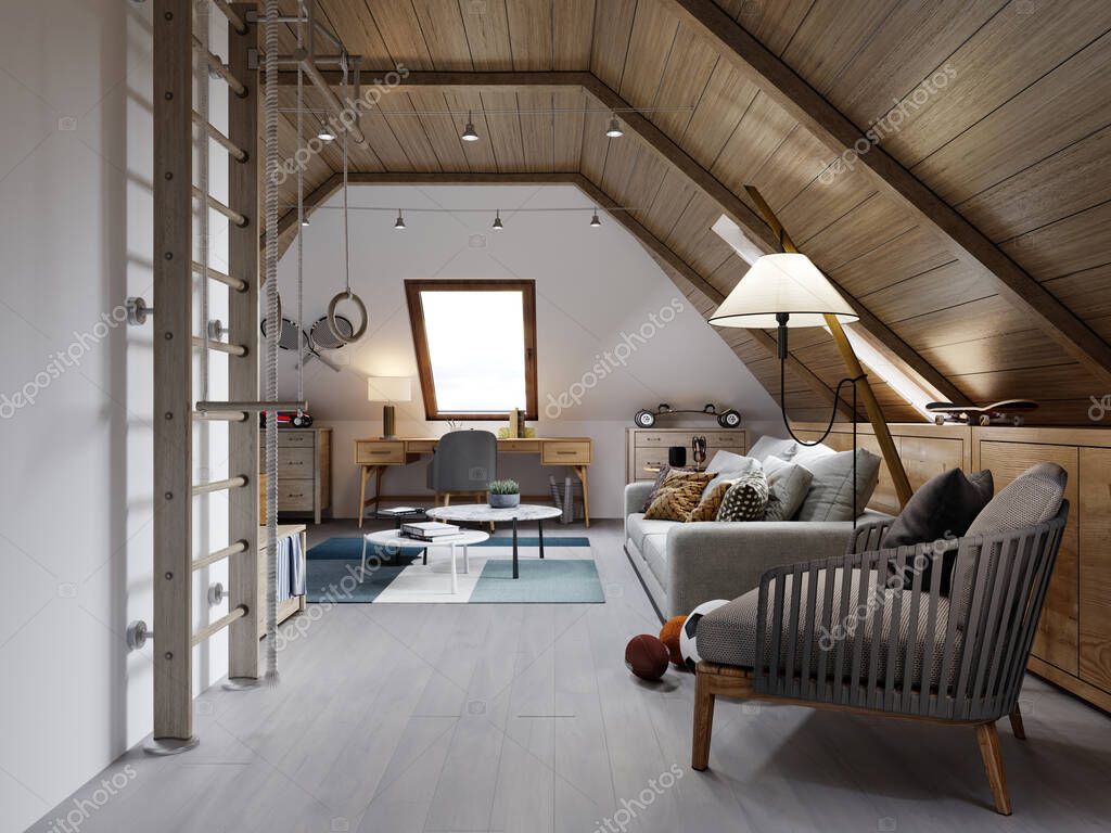 El dise o de la habitaci n de los ni os para el adolescente en el tico est en el estilo loft, el ...