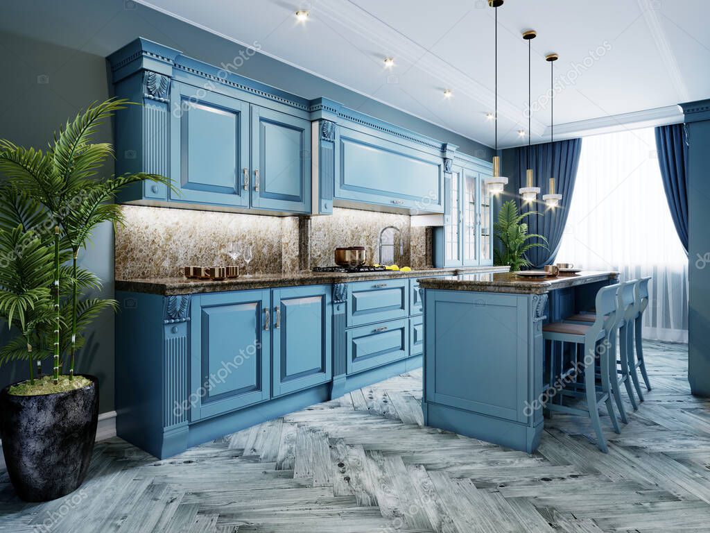 Cocina de moda con paredes azules y muebles azules, una cocina de ...