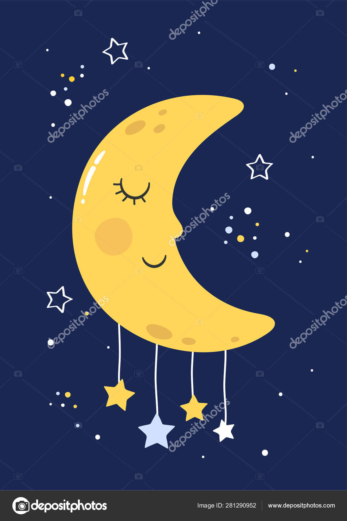 Söt sovande måne med hängande stjärnor på blå bakgrund. God natt för ...