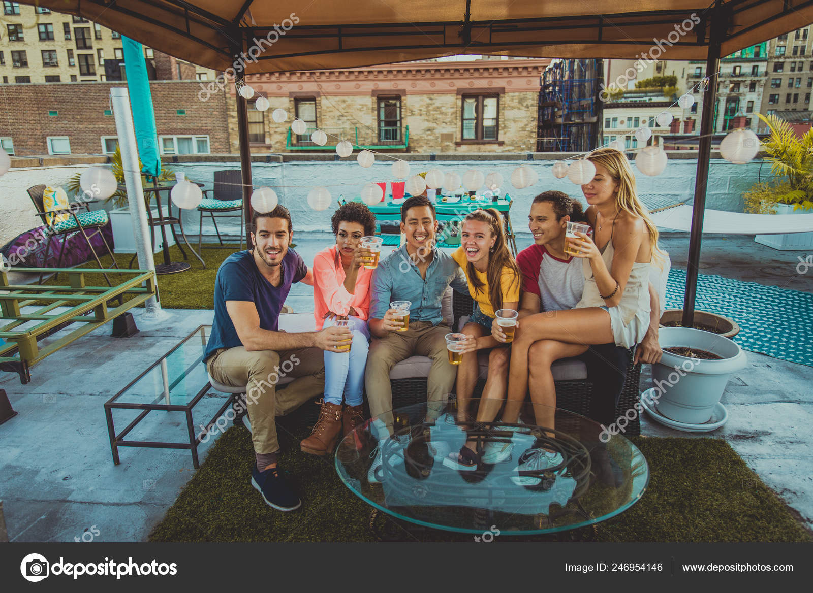 Young Happy People Having Barbecue Dinner Rooftop New York Group Stock ...