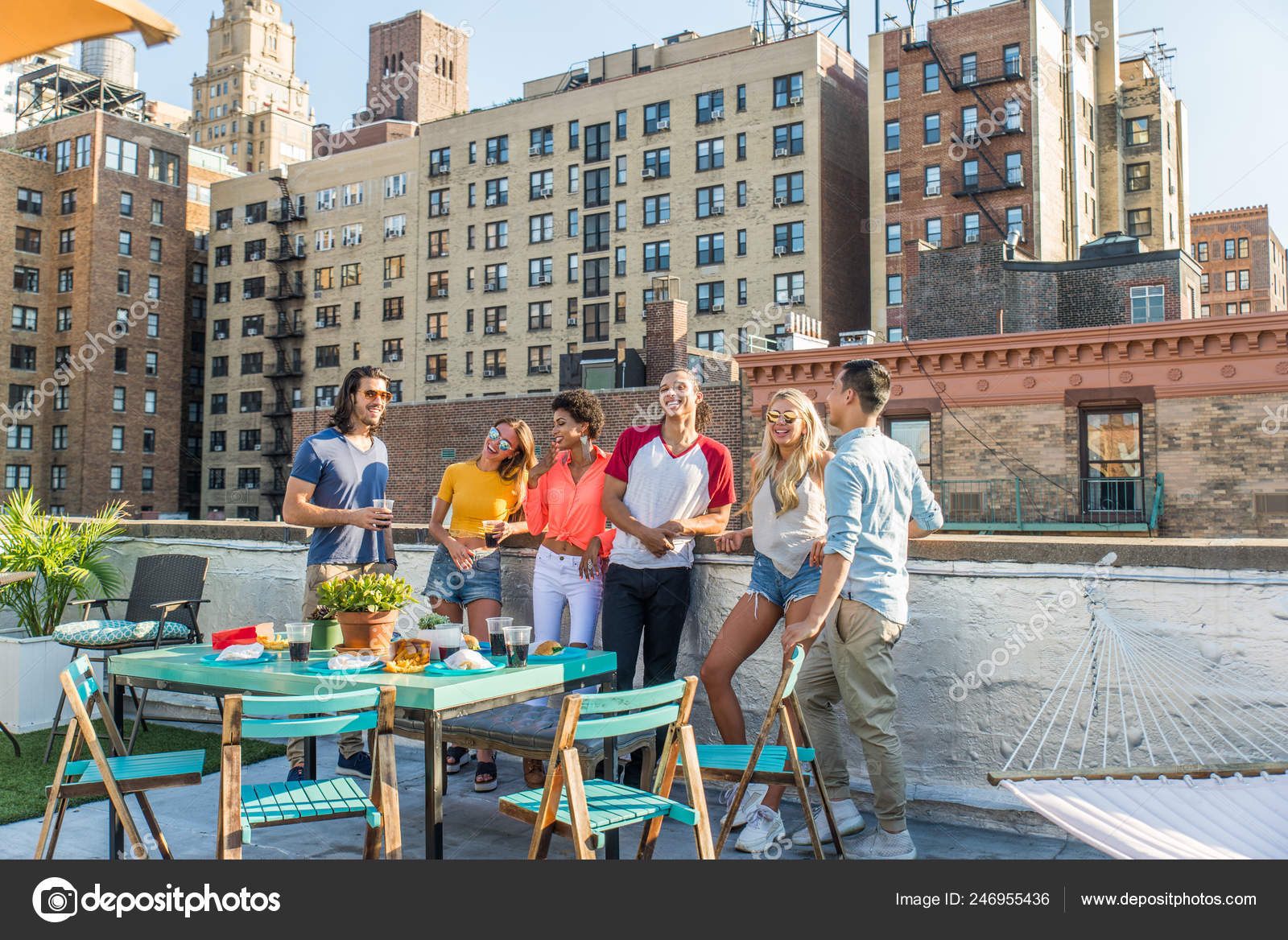 Young Happy People Having Barbecue Dinner Rooftop New York Group ...