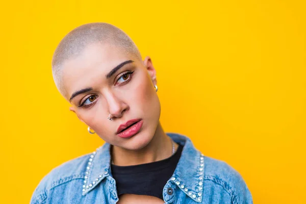 Image Beautiful Young Woman Posing Led Panel Shaved Head Teenager