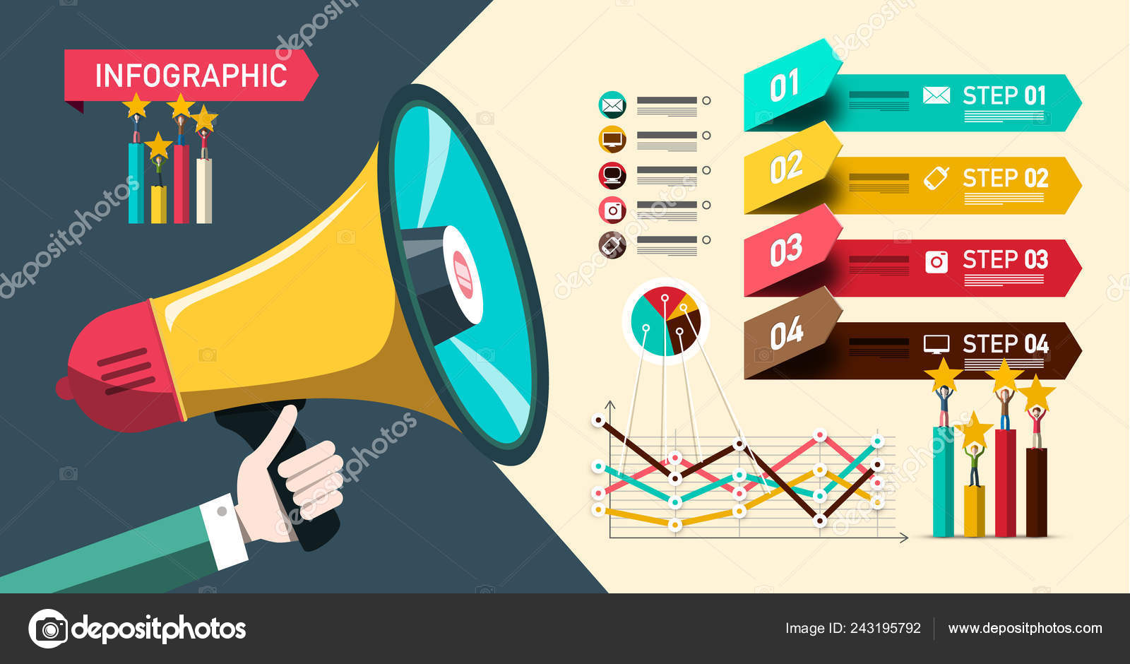 Paper Infographic Design Megaphone Graphs Four Steps Vector Business ...