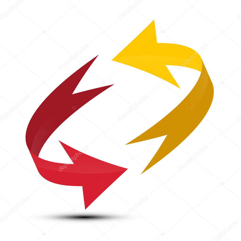 Flechas rojas y amarillas girando en círculo. Símbolo de flecha doble ...