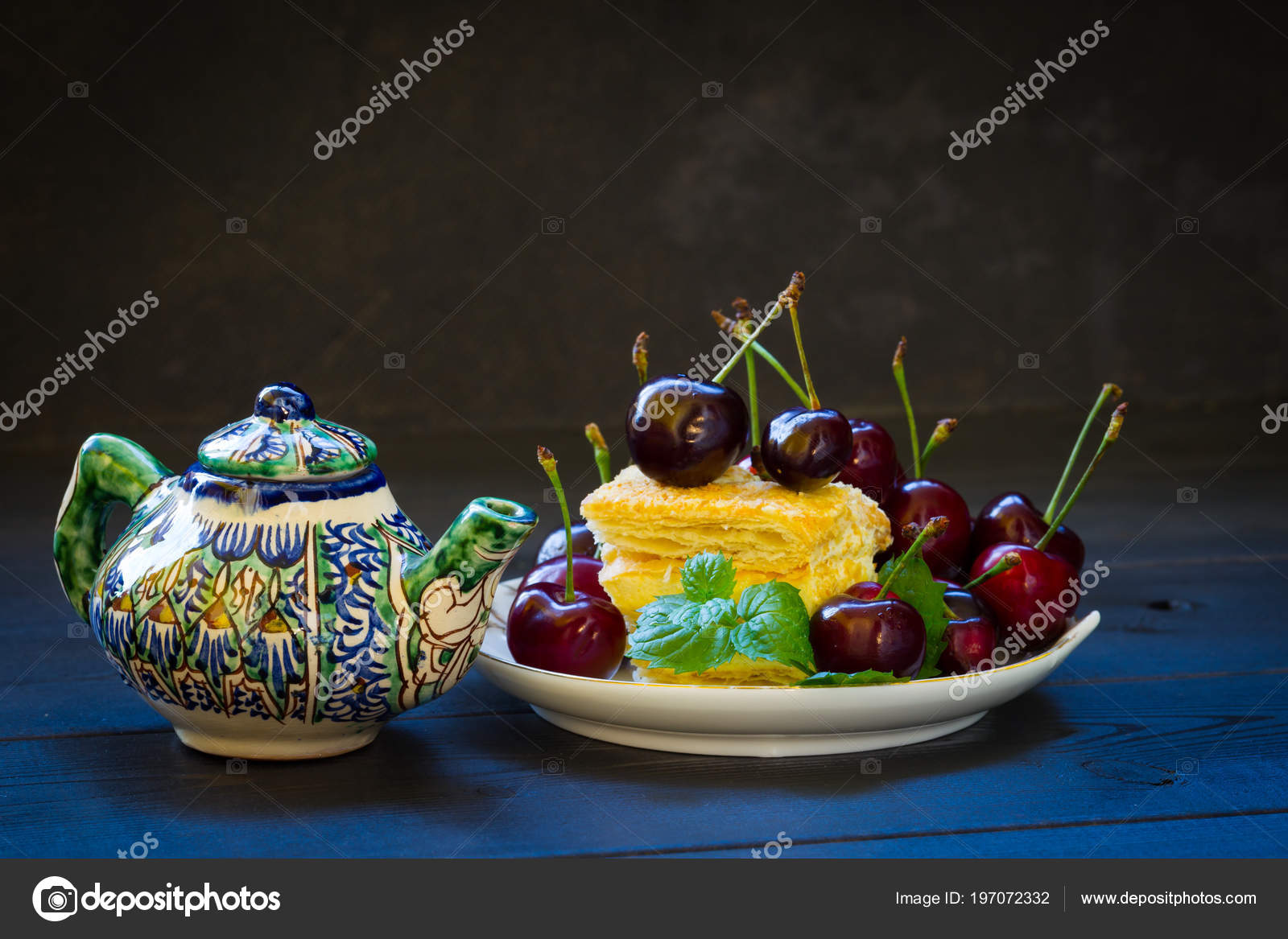Piece Puff Cake Chicken Mint Dark Background Teapot Tajik Painting ...