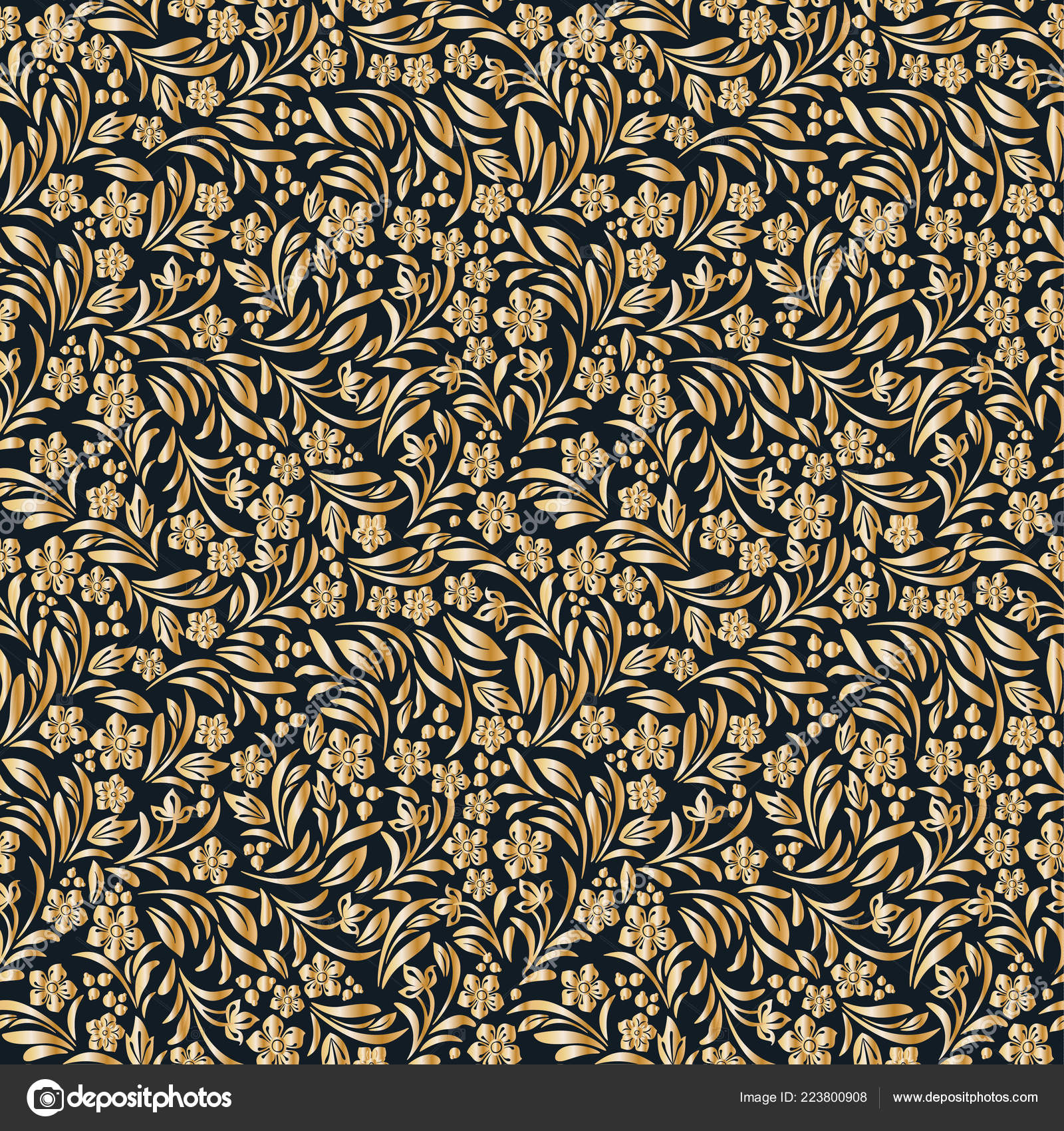 Decorative russian ornament in gold on black. Flowers and plants in ...