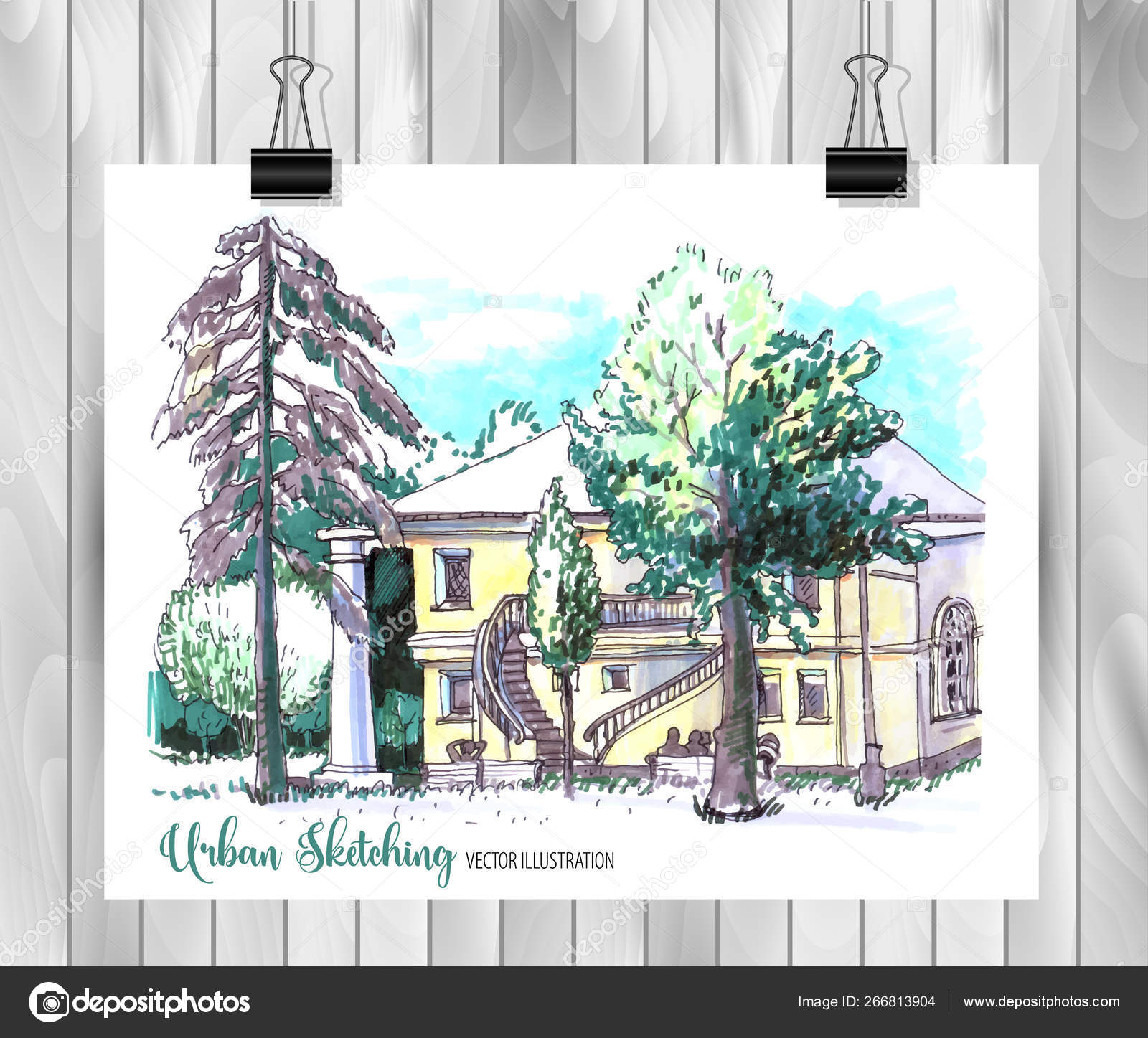 Hand drawn City Sketch for your design,Drawn in color ink or markers on ...