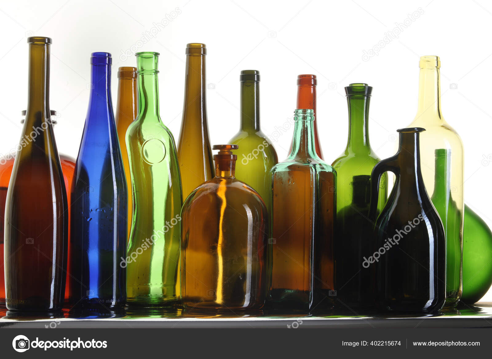 Close Clean Transparent Colored Glass Bottles Different Shapes Mirror ...