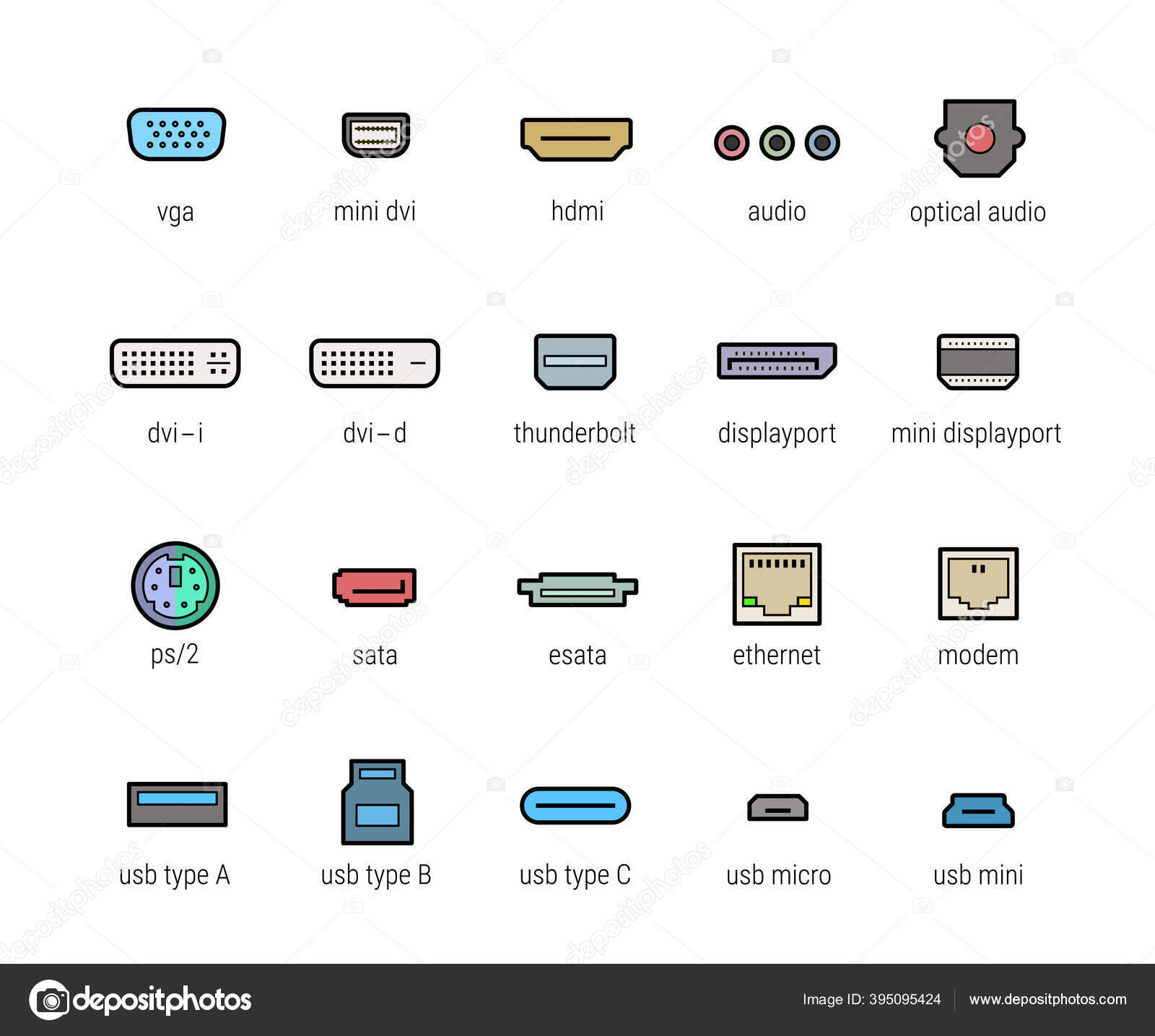 Computer Schnittstelle Ports Vektor Symbol Gesetzt Stock-Vektorgrafik ...