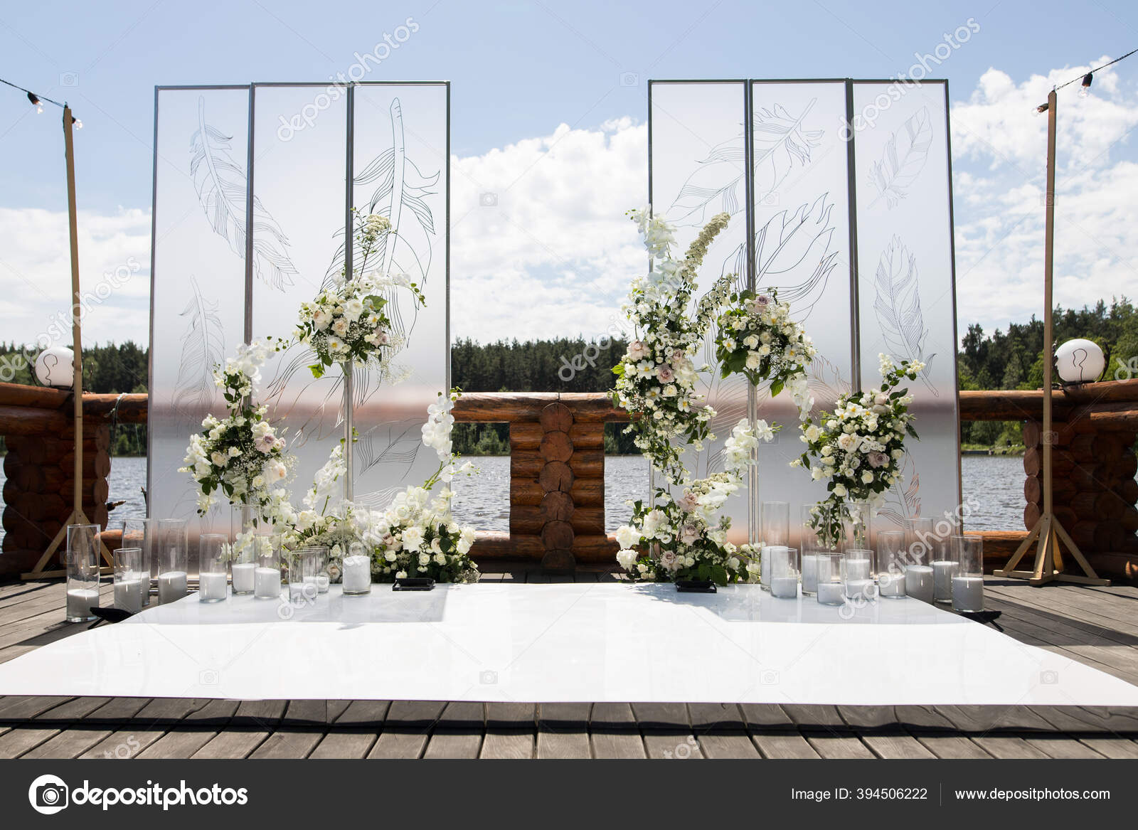 Wedding Ceremony White Transparent Screens Fresh Flowers Candles ...