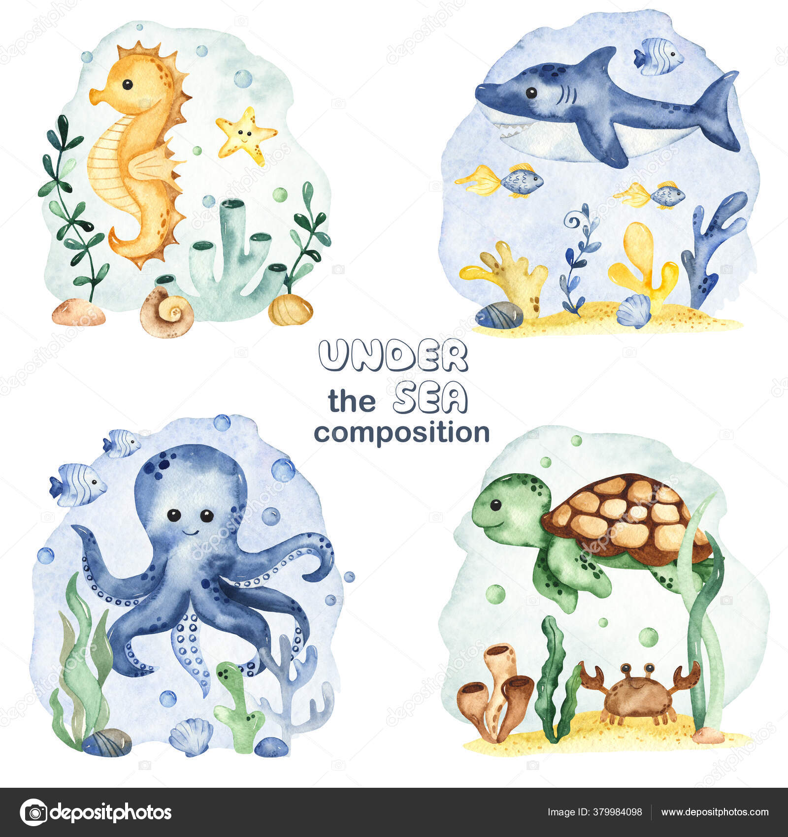Art & Collectibles Watercolor Sea animals Life clipart underwater world ...