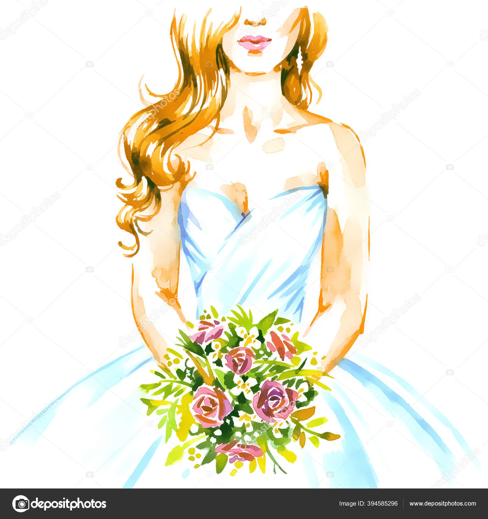 Novia Con Ramo Vestido Novia Pintura Mano Ilustración Acuarela Fondo ...