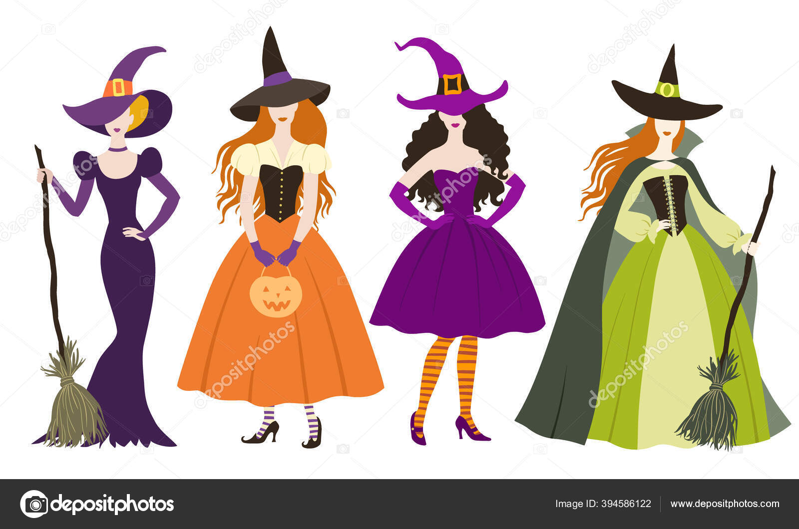 Set Different Vintage Halloween Witch Costume Flat Style Color Vector ...