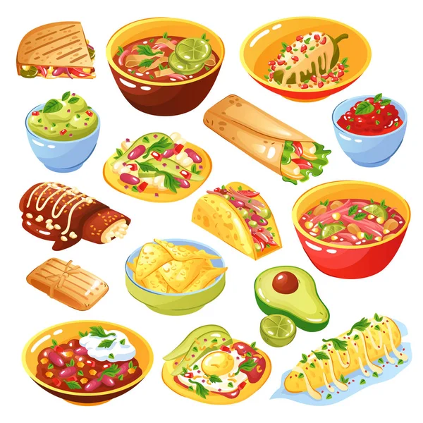 Set of traditional Mexican food - burrito, taco, nachos, salsa — Stock ...