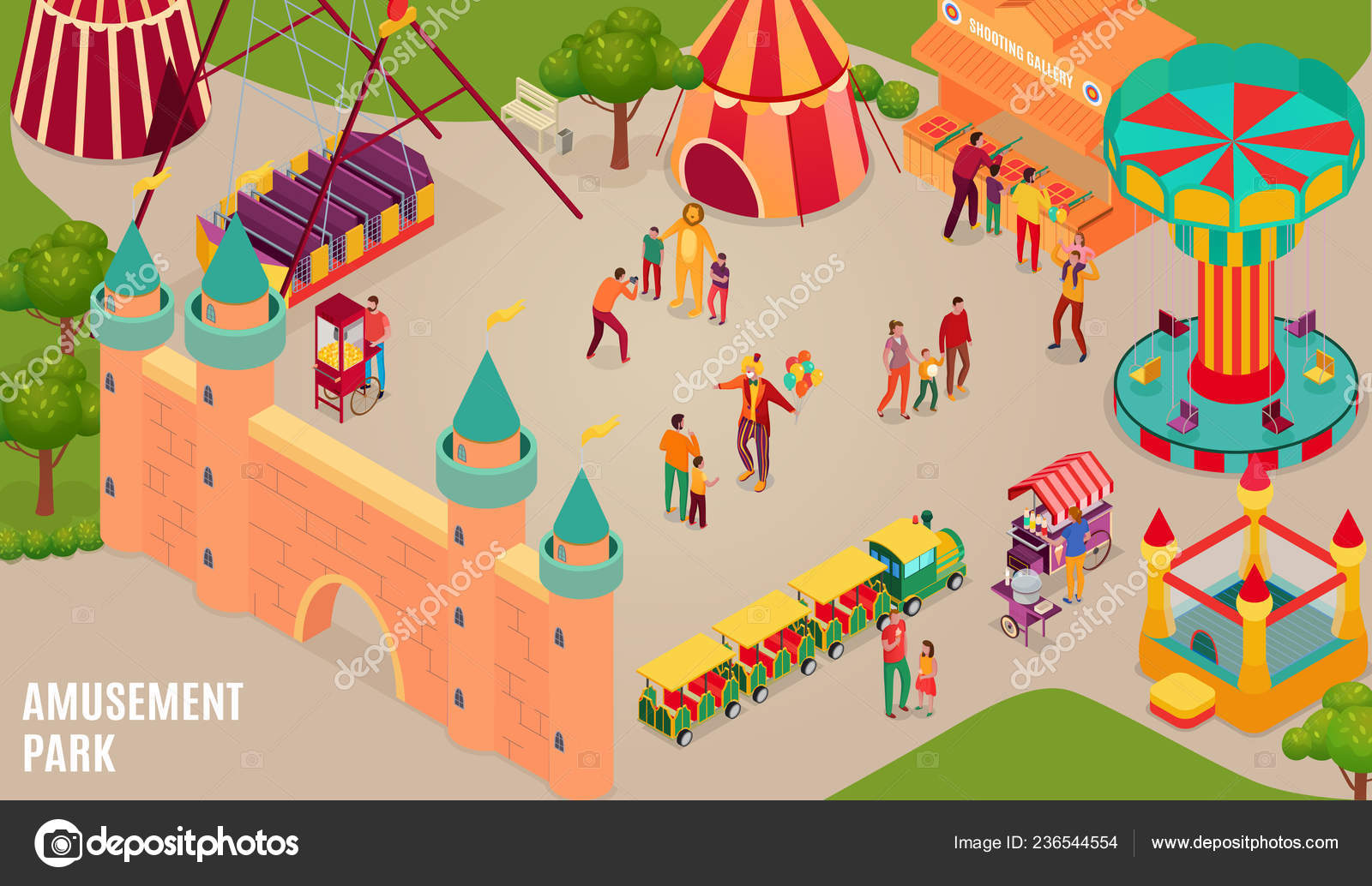 Amusement Park Isometric Horizontal Illustration — Stock Vector