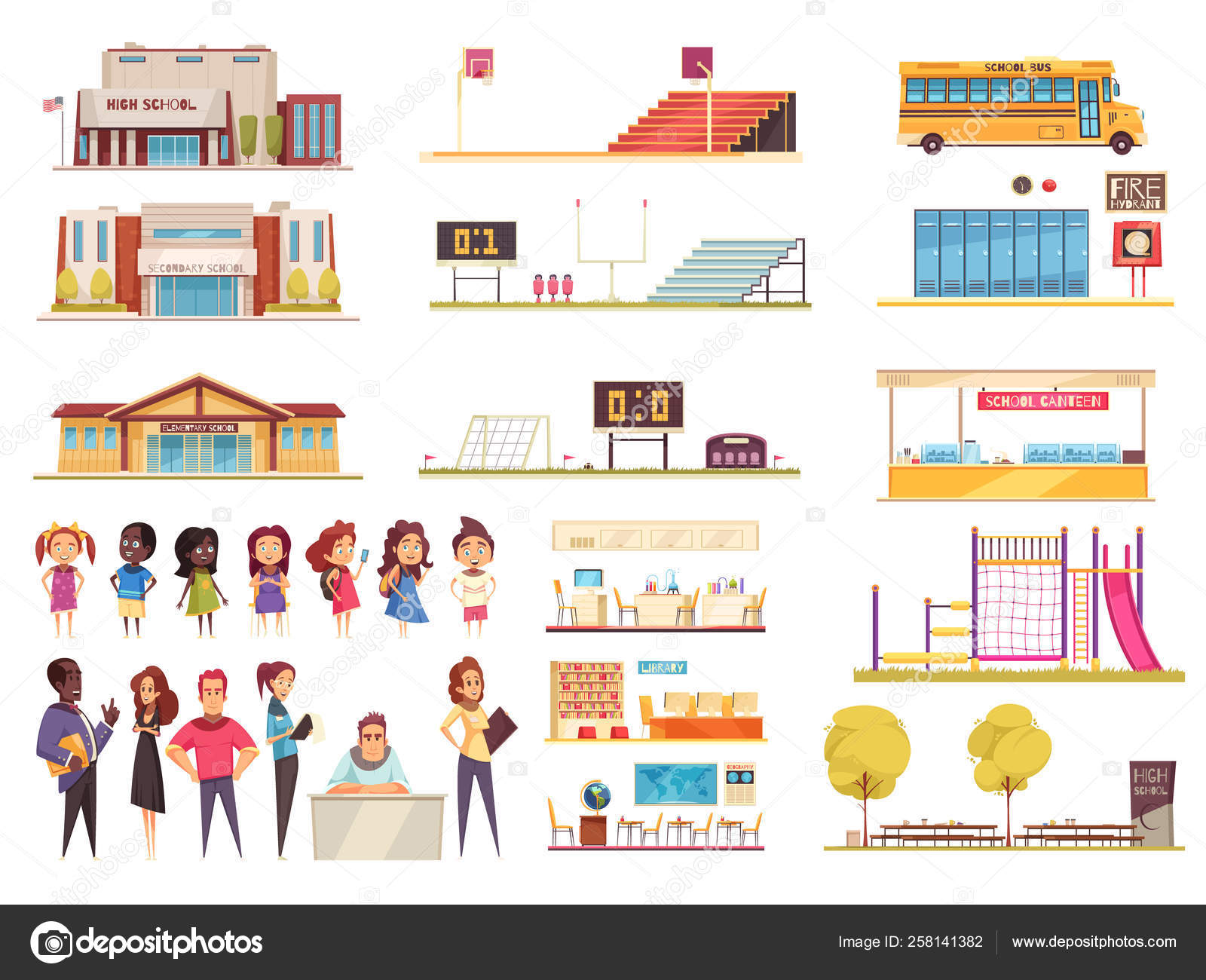 School Cartoon Icons Set Stock Vector Image by ©macrovector #258141382