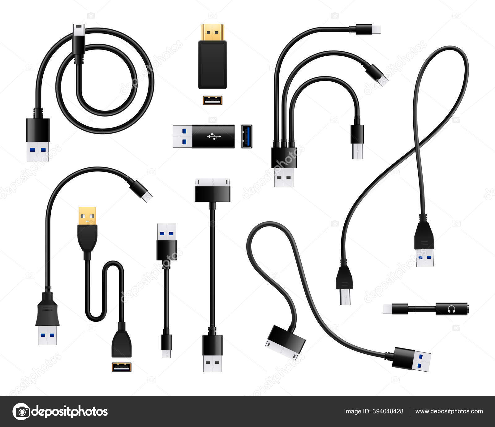 Black USB Cables Set Stock Vector Image by ©macrovector #394048428