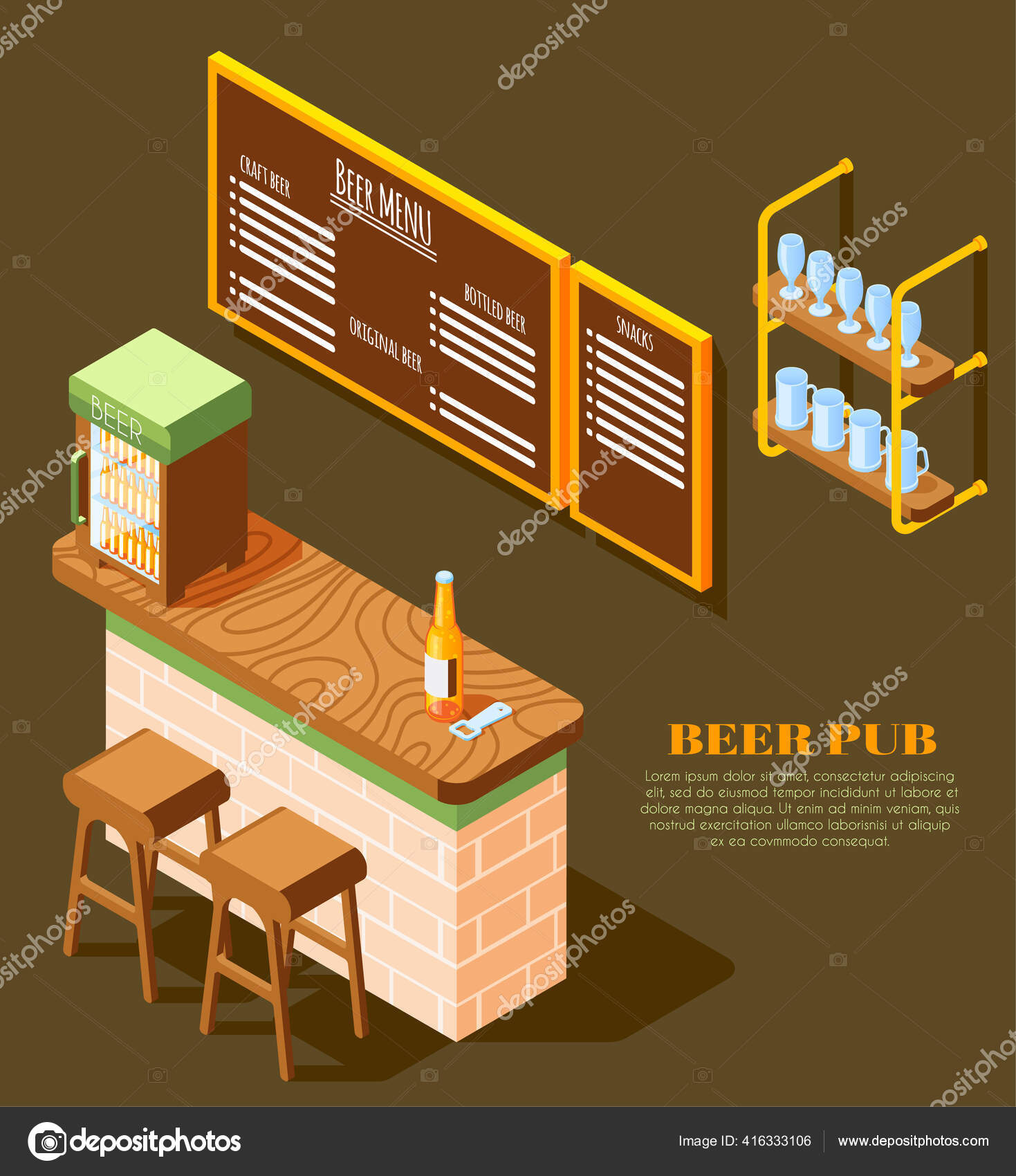 Beer Pub Isometric Background Stock Illustration by ©macrovector #416333106