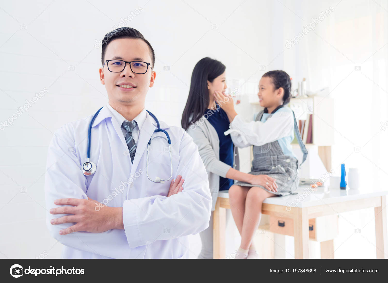 Handsome Asian Doctor Smiling Happy Patient Family Background Stock ...