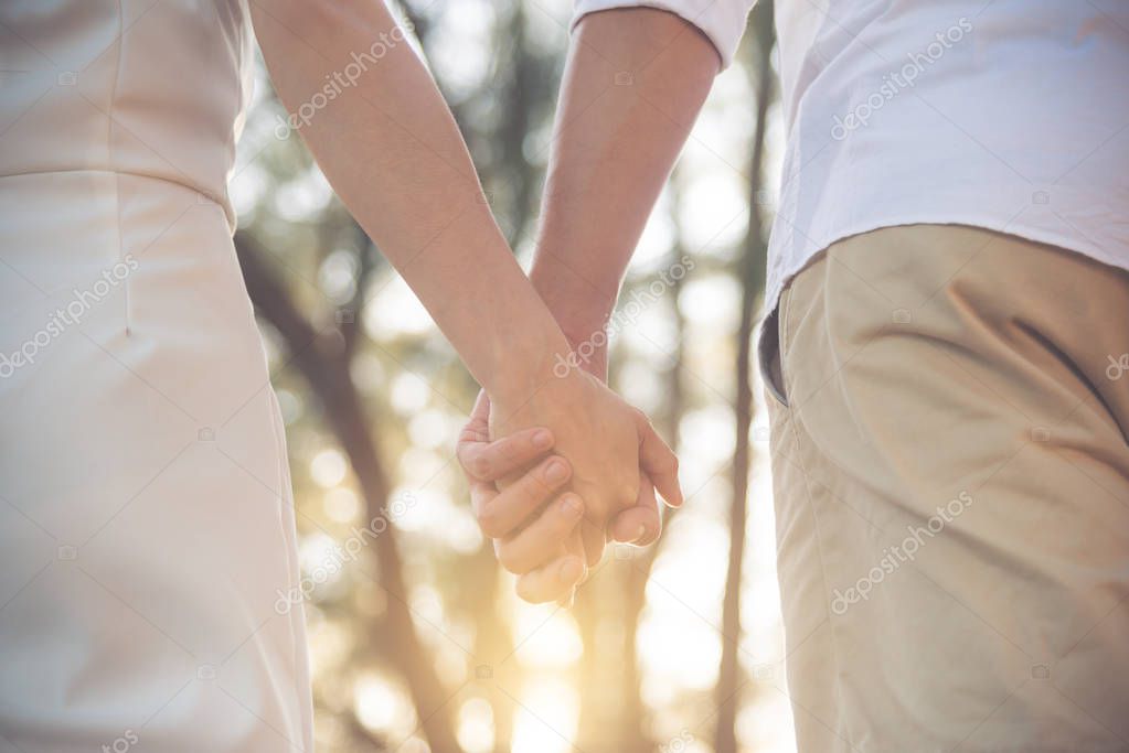 Amante coger manos juntos en el período de puesta del sol 2023