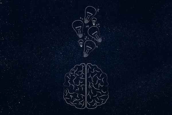 genius mind conceptual illustration: brain with idea light bulbs going ...