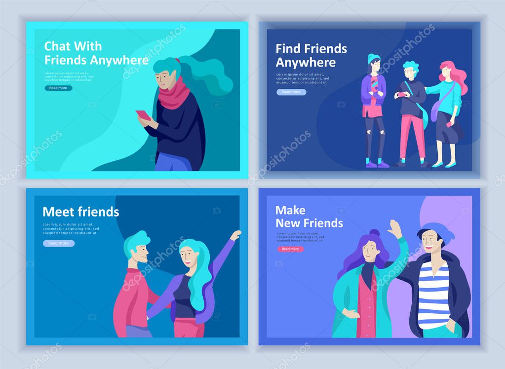 Conjunto de plantillas de Landing page. Vector personas amigos felices ...