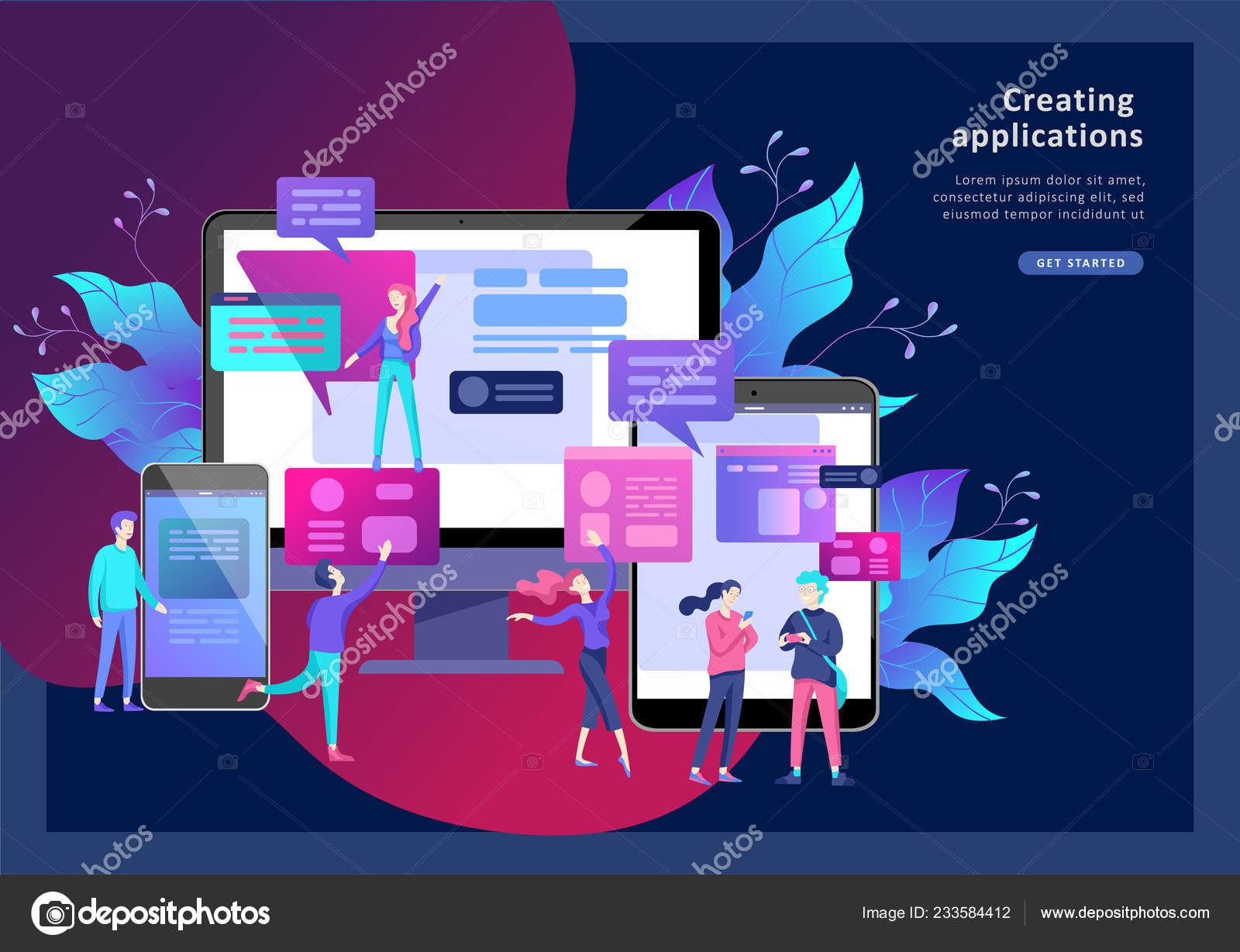 Vector illustration, small people are working on creating a website ...