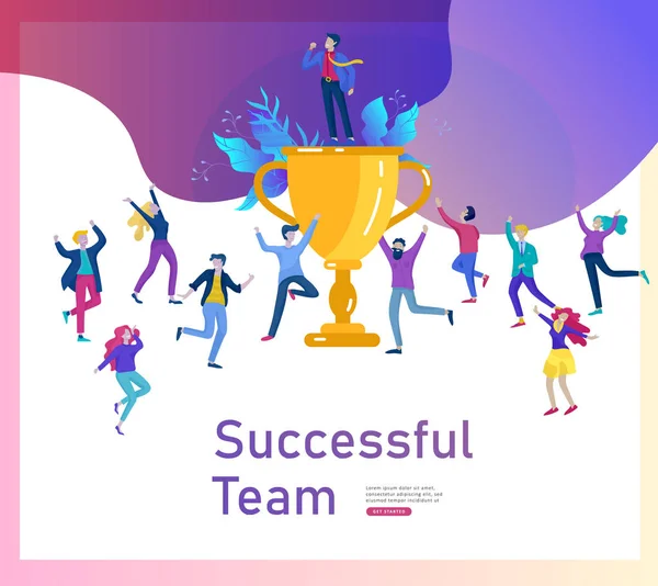 Business Team Success hold Golden winner cup, concept of people are happy with victory. Office ...