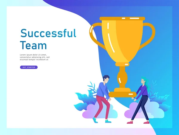 Business Team Success hold Golden winner cup, concept of people are happy with victory. Office ...