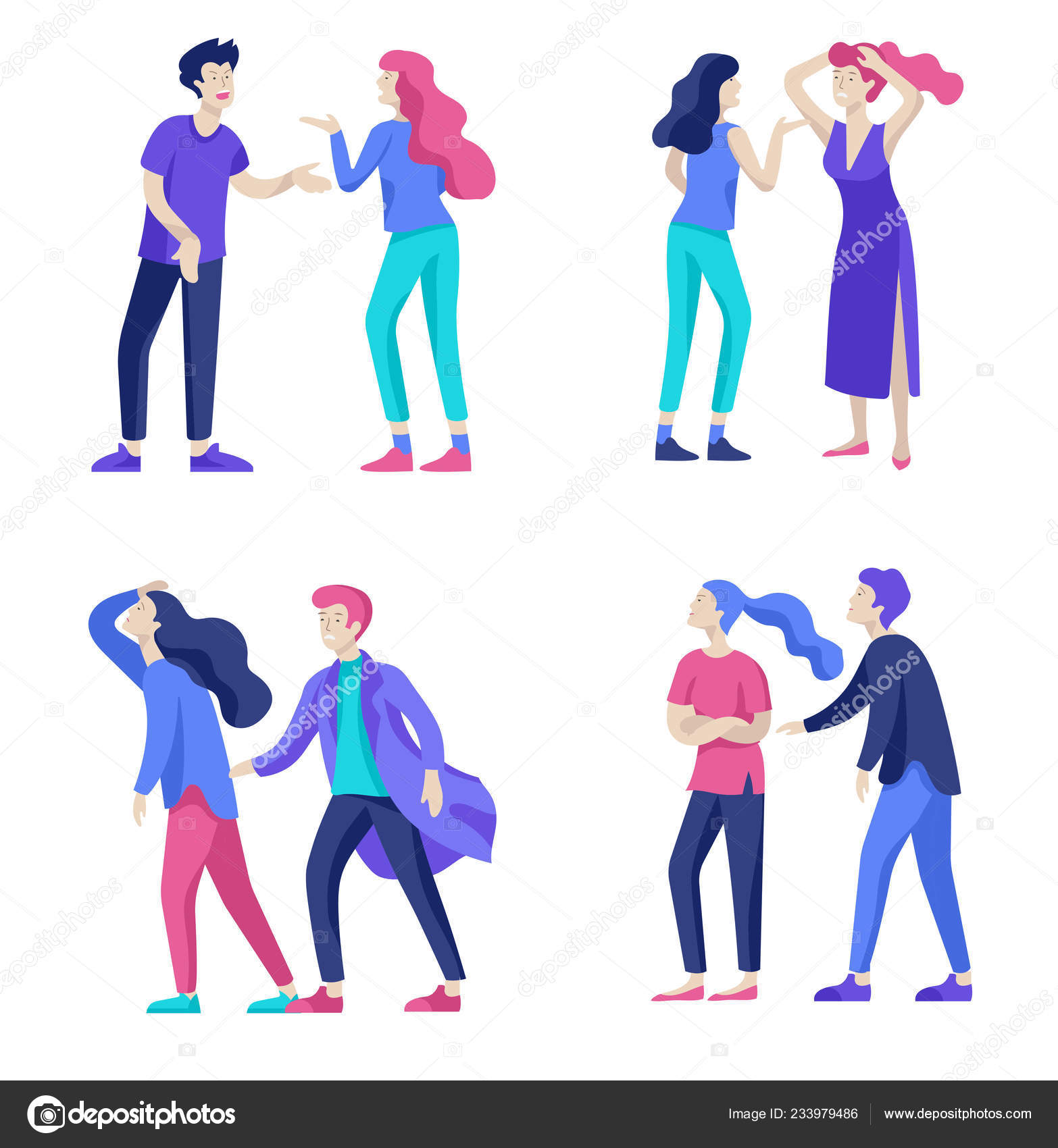 Vector people in bad emotions, character in conflict, angry or tired ...