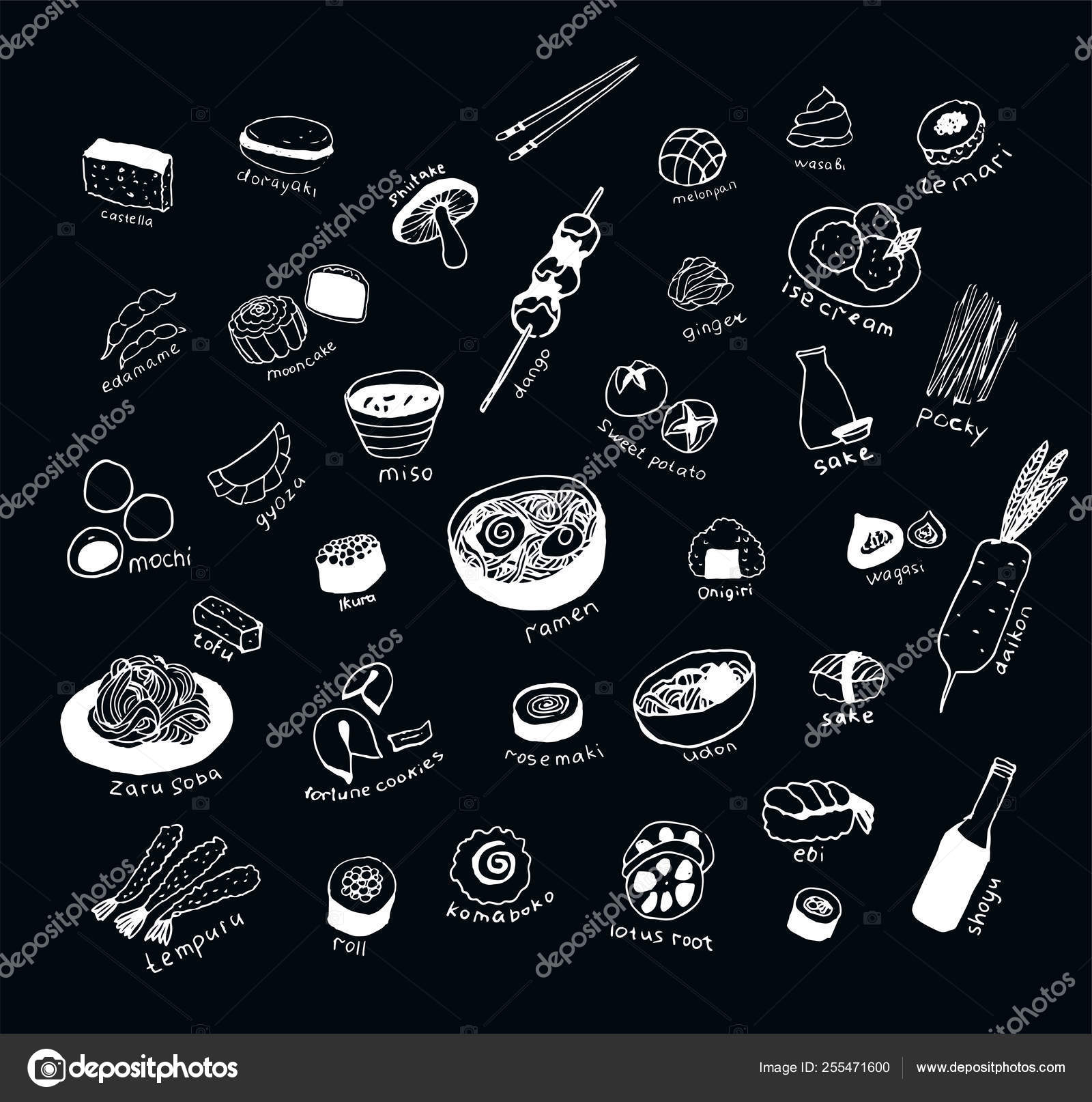 Collection of the different japanese food. Hand drawn line art set of ...