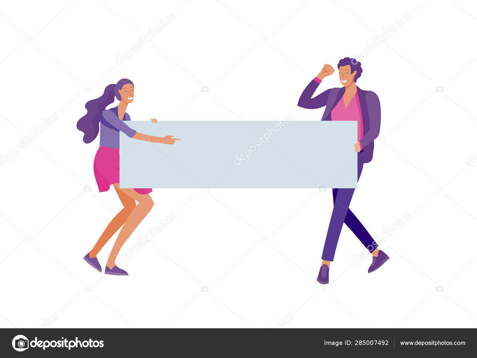 Business people moving, dancing and holding blank banner and stand ...