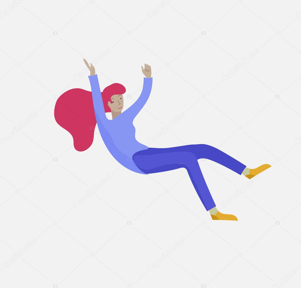 Mujer inspirada volando en el espacio. Caracter moviéndose y flotando ...