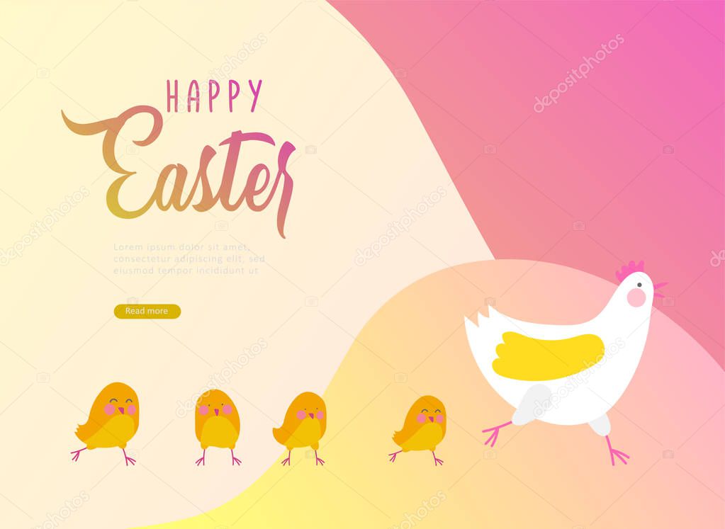 Plantilla de landing page de Pascua con personaje de dibujos animados de pollo con huevos ...