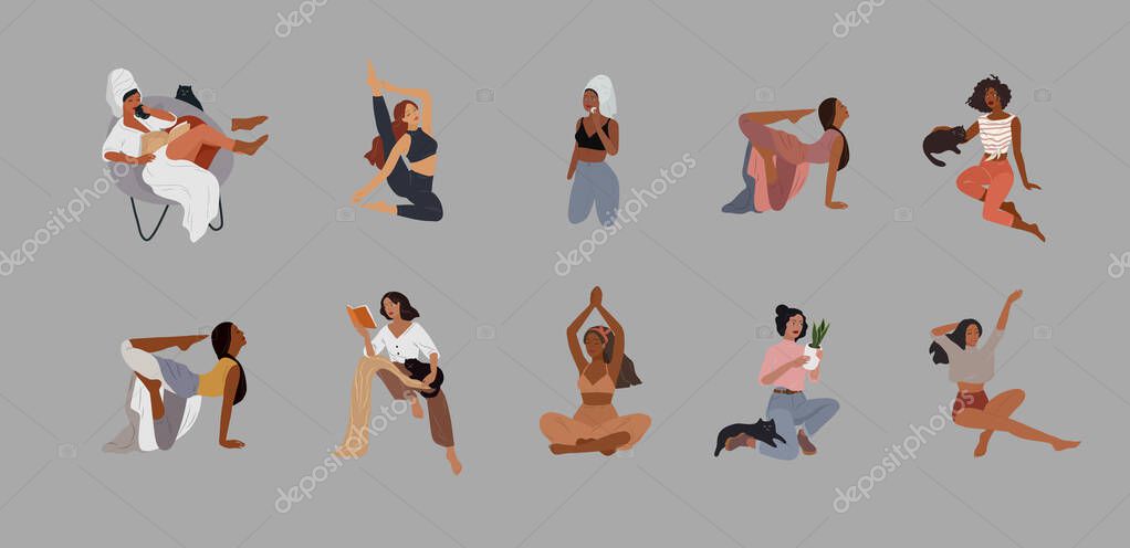 Conjunto de hermosa chica personaje en escenas de la vida cotidiana. Mujer joven de compras ...