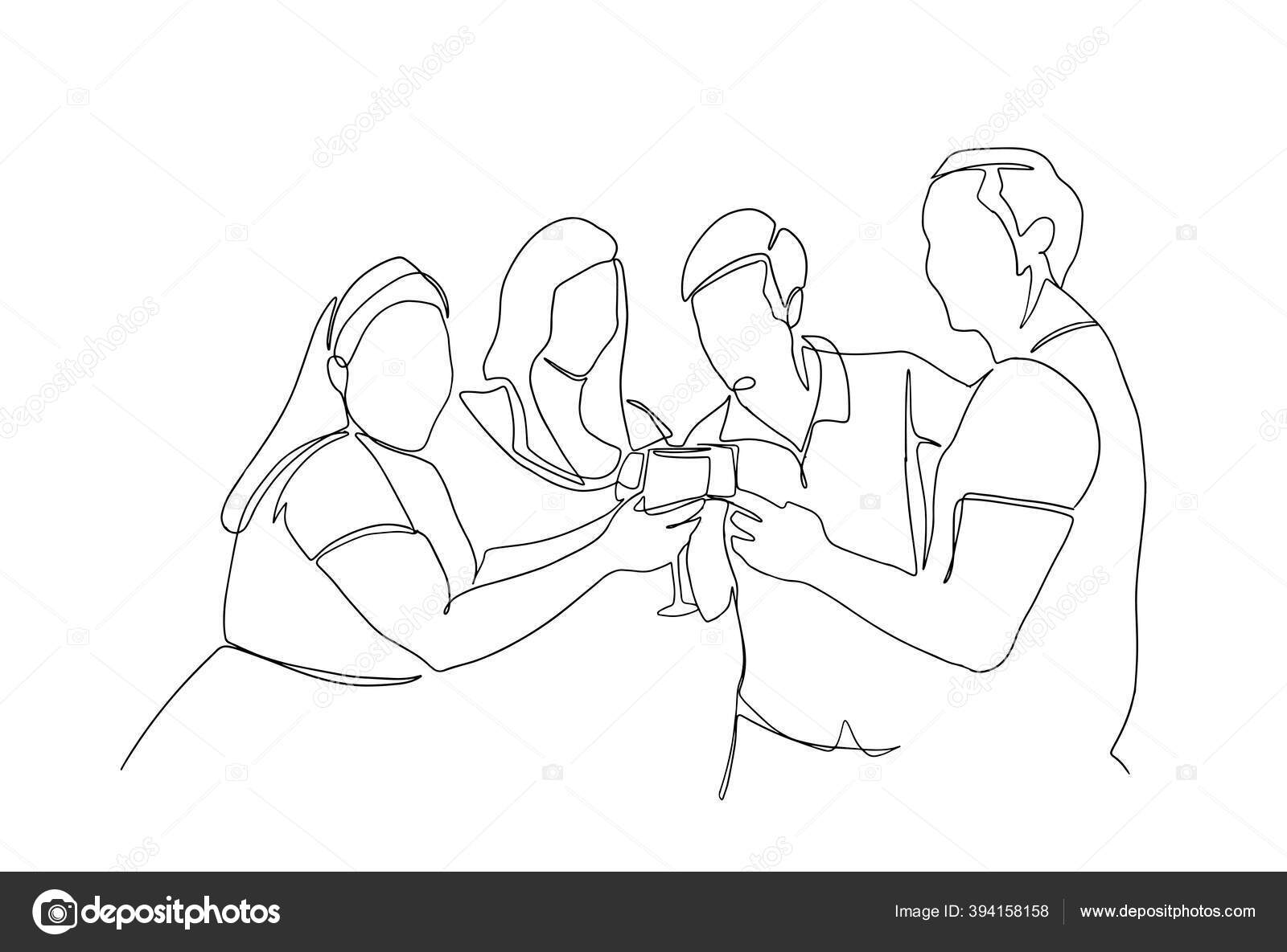 Continuous line drawing of company of friends celebrating.. Continuous ...