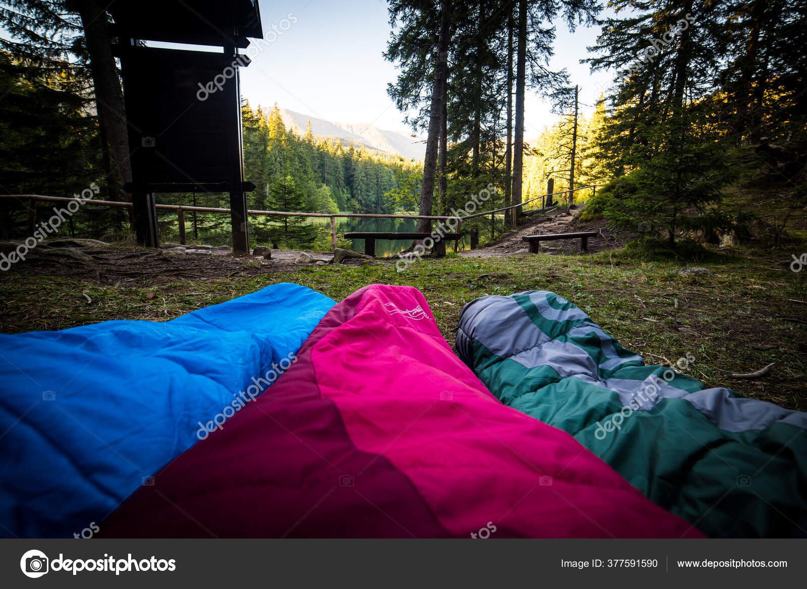 Awakening Middle Beautiful Nature Sleeping Bags Point View — Stock ...