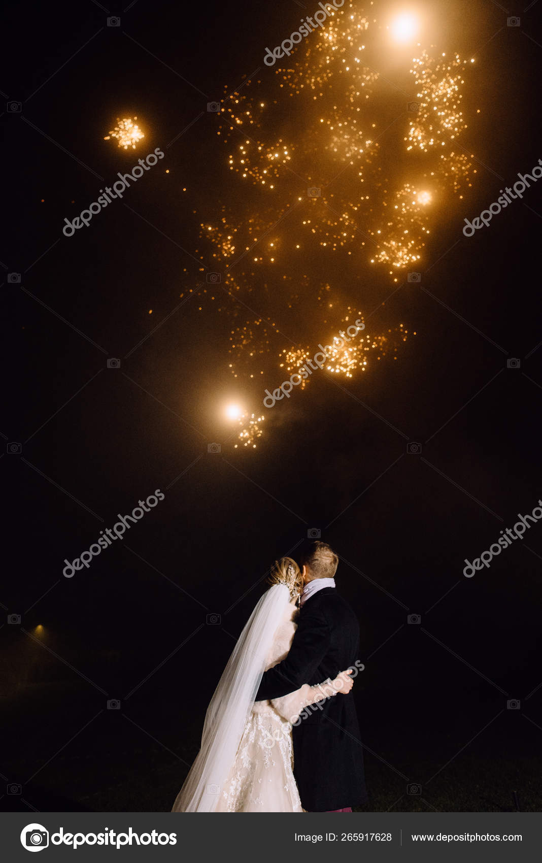 Back View Beautiful Young Wedding Couple Looking Majestic Fireworks ...