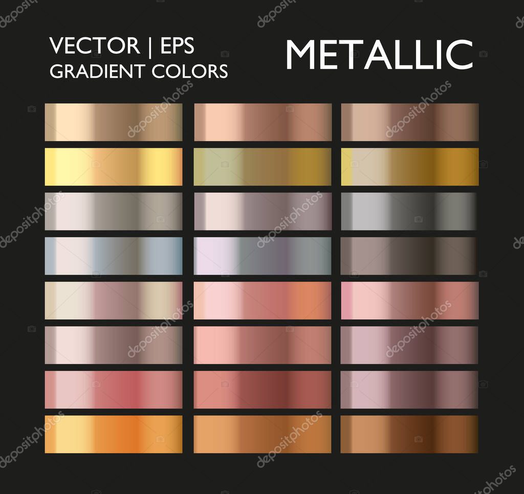 Gradiente de metal. Conjunto de colores. Colección metálica. Oro, plata ...
