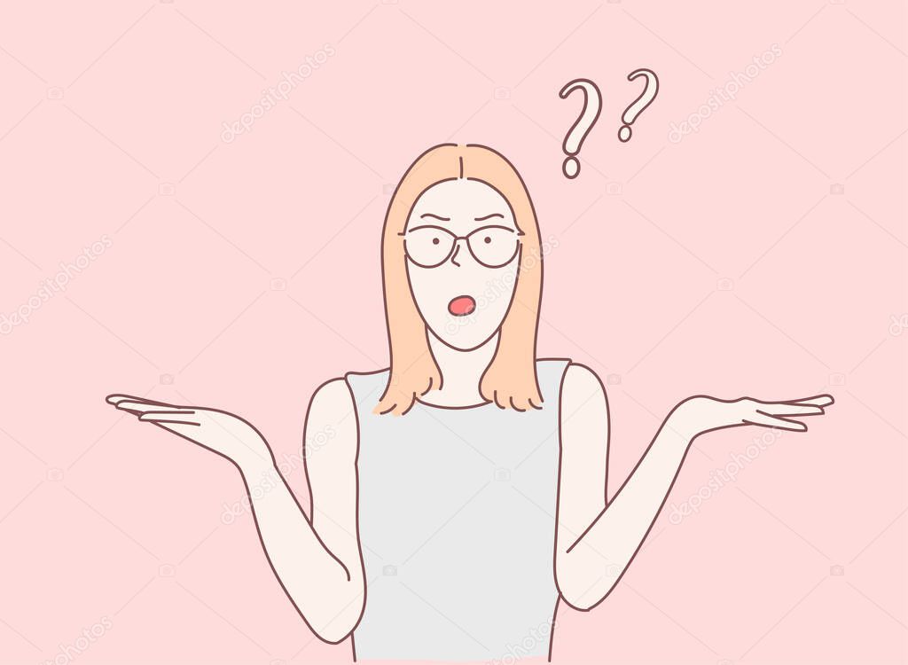 Hermosa joven con una expresi n facial sorprendida y pregunt mientras estaba de pie. Ilustraci n ...