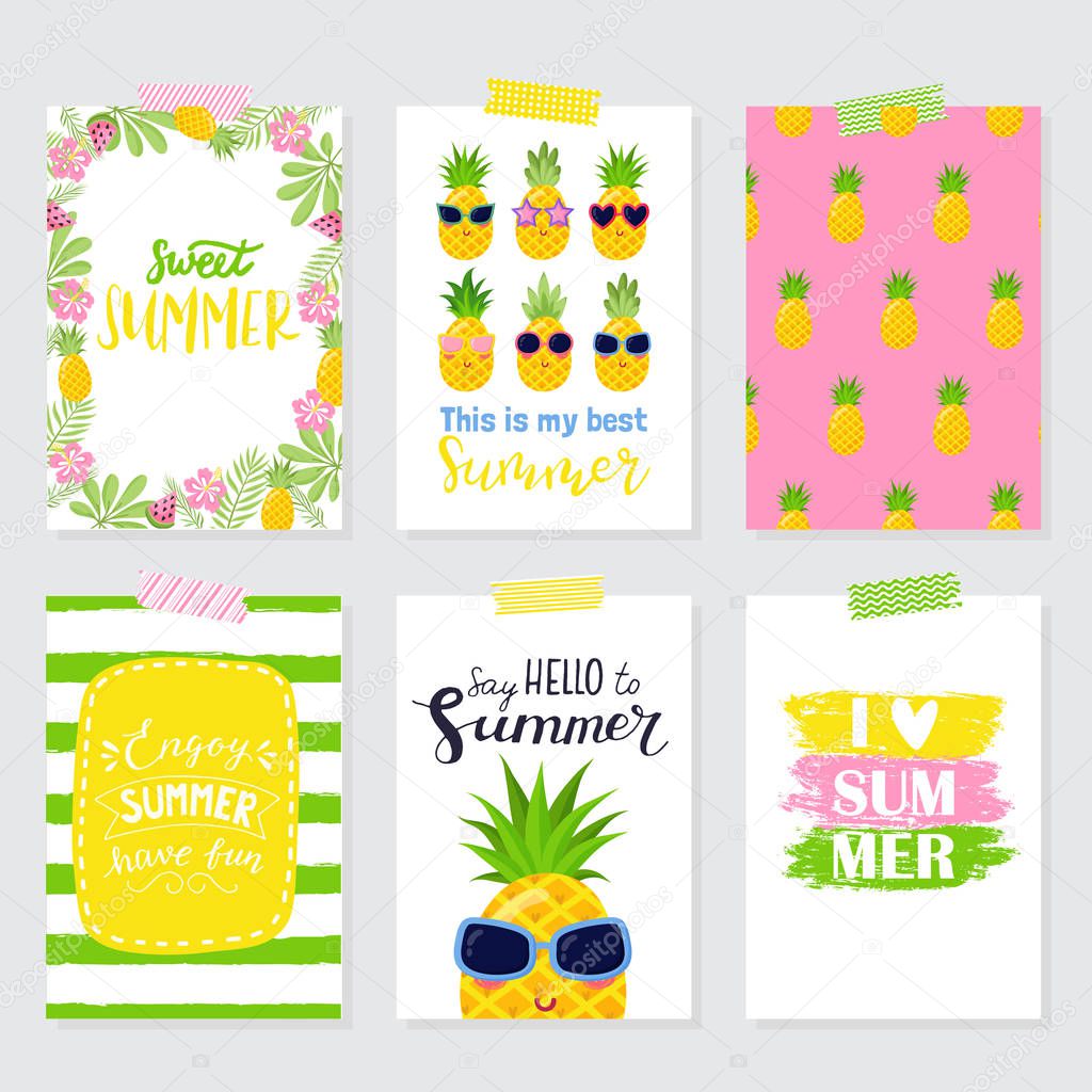 Conjunto vectorial de brillantes tarjetas de verano. Hermosos carteles ...