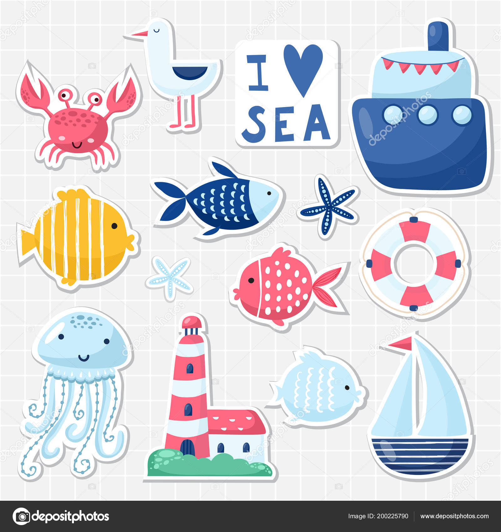 Big Set Cute Sea Elements Cards Stickers Marine Theme Design Stock ...