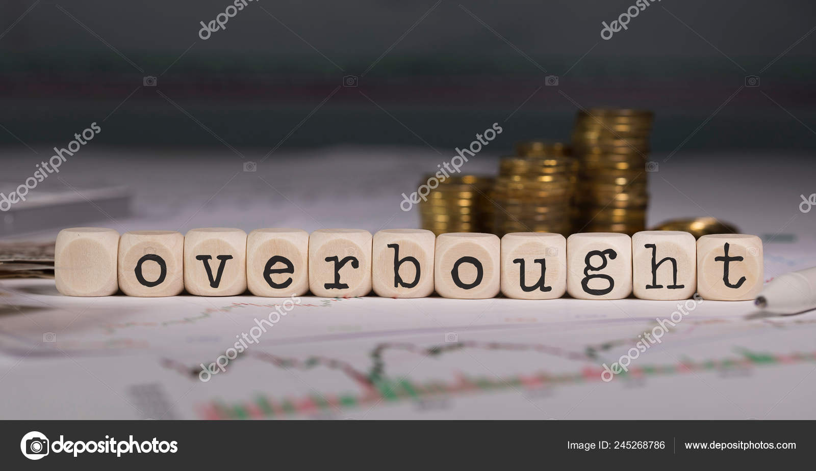 Word Overbought Composed Wooden Letter Stacks Coins Background Closeup ...