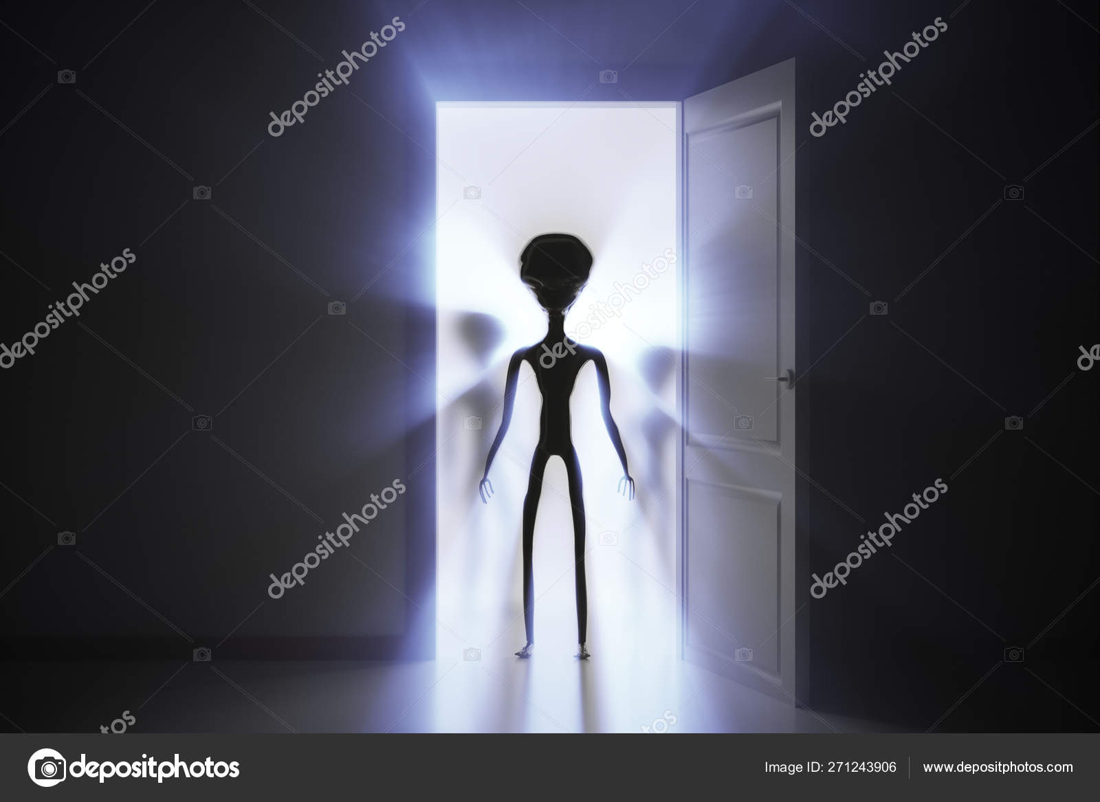 Spooky silhouettes of aliens standing in door. Bright light in b ...