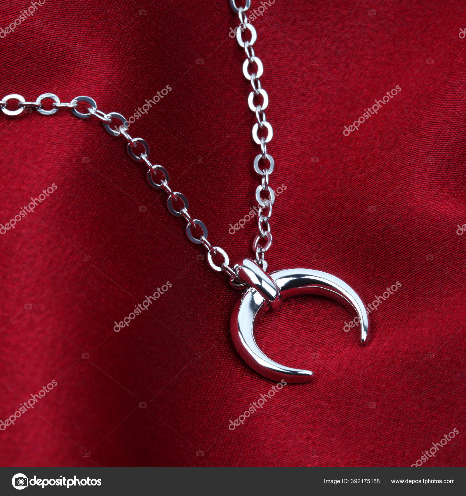 Silver Crescent Moon Pendant Chain Red Silk Texture Satin Velvet ...