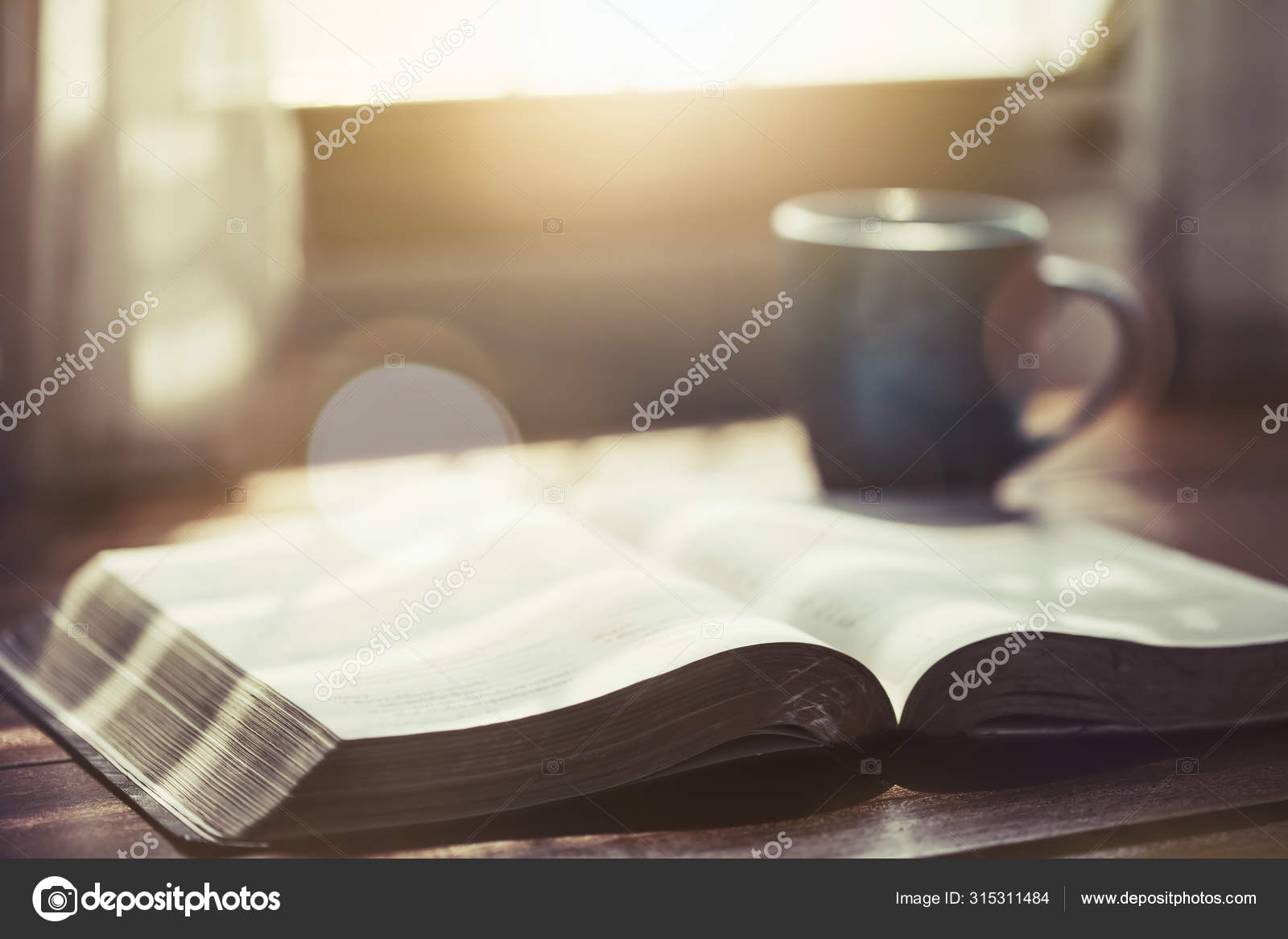 Close Open Bible Cup Coffee Morning Devotion Wooden Table Window ...