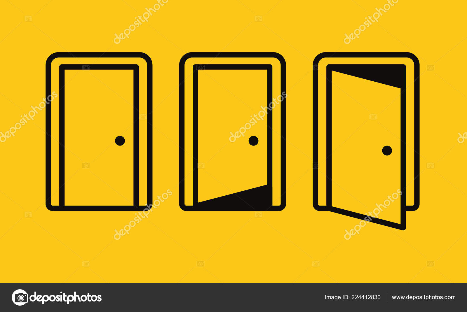 Set Three Door Icons Yellow Background Black Outline Vector Icon ...