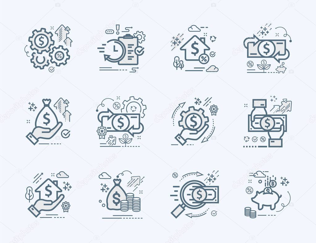 Conjunto de iconos de l nea vectorial en concepto de dise o plano para negocios, finanzas, banca ...